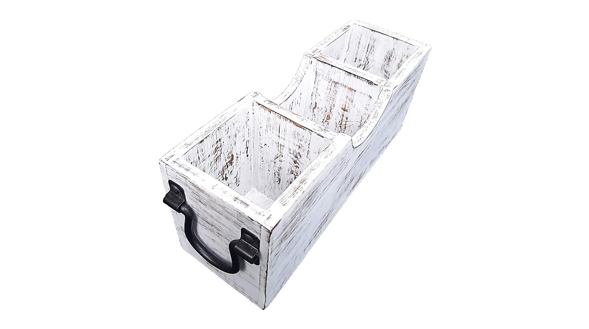 SAVON White Wood Silverware Holder Caddy | Rustic Home Organizer