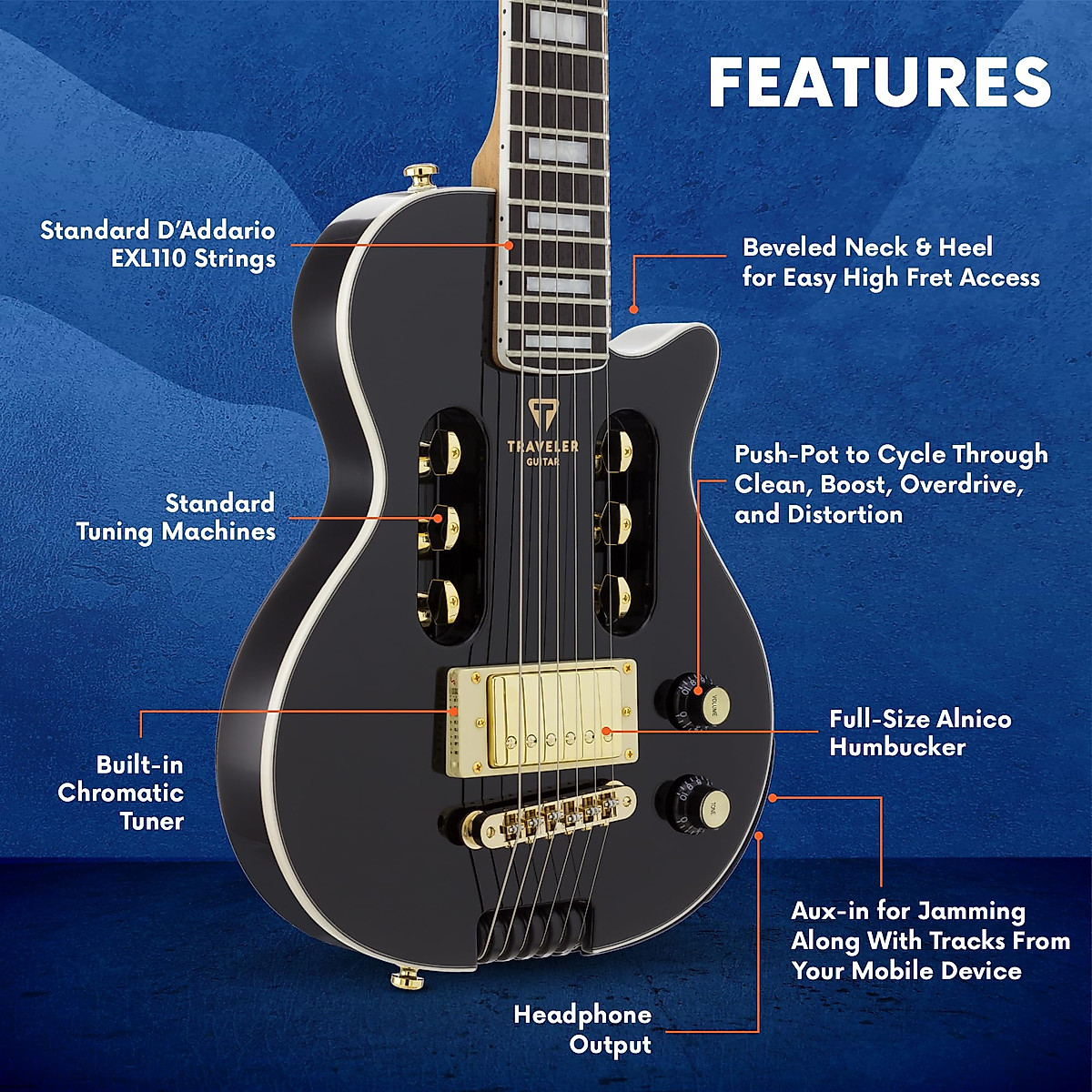 Traveler Guitar EG-1 Custom Gloss Black Electric Guitar | Small Electric Guitar with Headphone Amp | Full 24 3/4" Scale Travel Guitar | Portable Mini Guitar | Headless Guitar with Custom Gig Bag