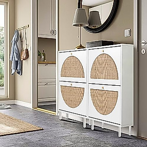 Goderfuu Rattan Shoe Cabinet with 2 Flip Drawers, Shoe Rack for Entryway Shoe Storage Cabinet, 2 Tier Small Shoe Cabinet Slim Shoe Storage Cabinet, White Shoe Cabinet for Heels, Boots, Slippers