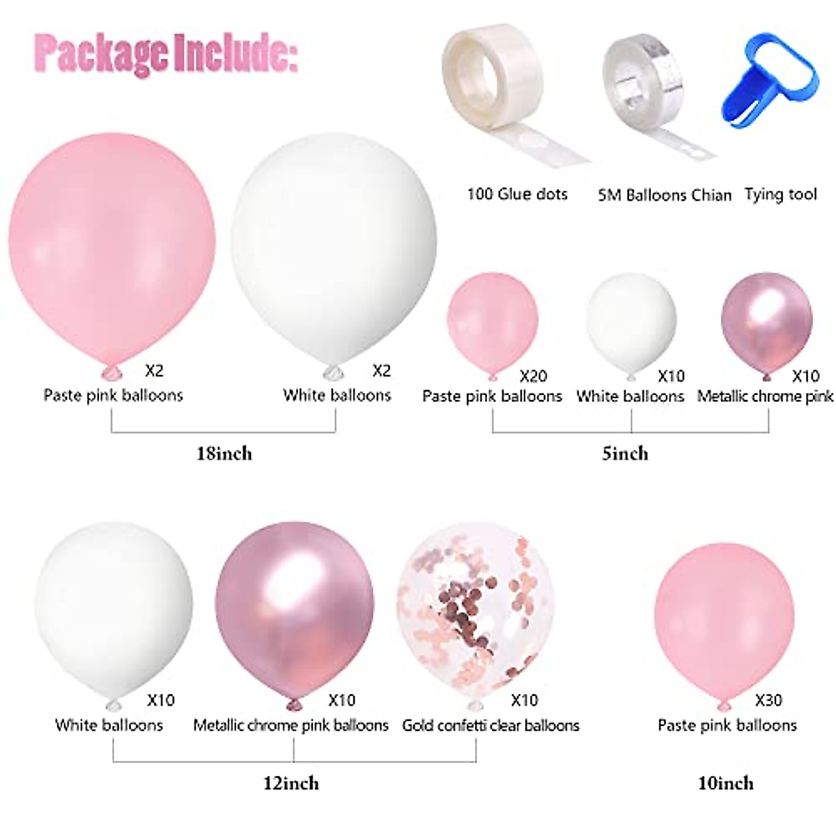 Pink White Balloons Garland Arch Kit 104 PCS Metallic Pink Gold Confetti Latex Balloons for Baby Girl Shower Birthday Wedding Anniversary Bachelorette Party Decorations