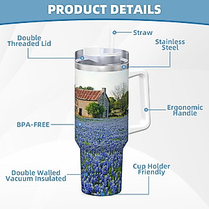 furenan Bluebonnets 40oz Tumbler With Handle And Straw Lid Stainless Steel Double Wall Vacuum Insulated Tumbler Travel Mug Straw Covers Cup For Water Iced Tea Or Coffee