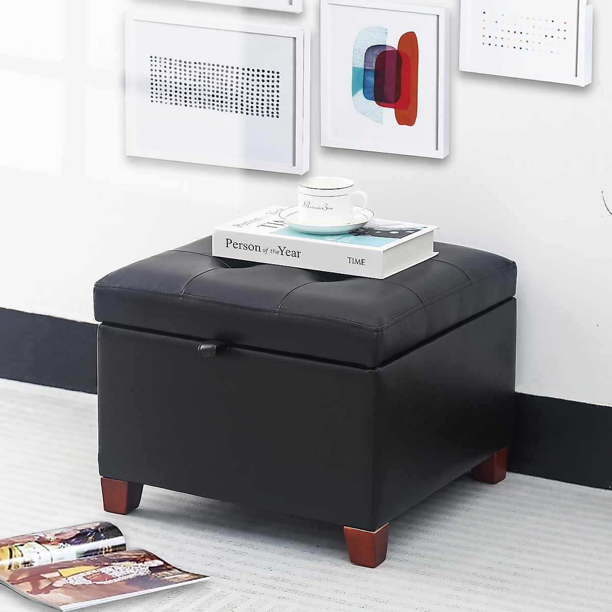 Asense 17 Inch Square Storage Ottoman,Small Foot Rest Stool for Couch, Faux Leather Upholstered Footstool Cube for Entryway Bedroom Living Room, Black