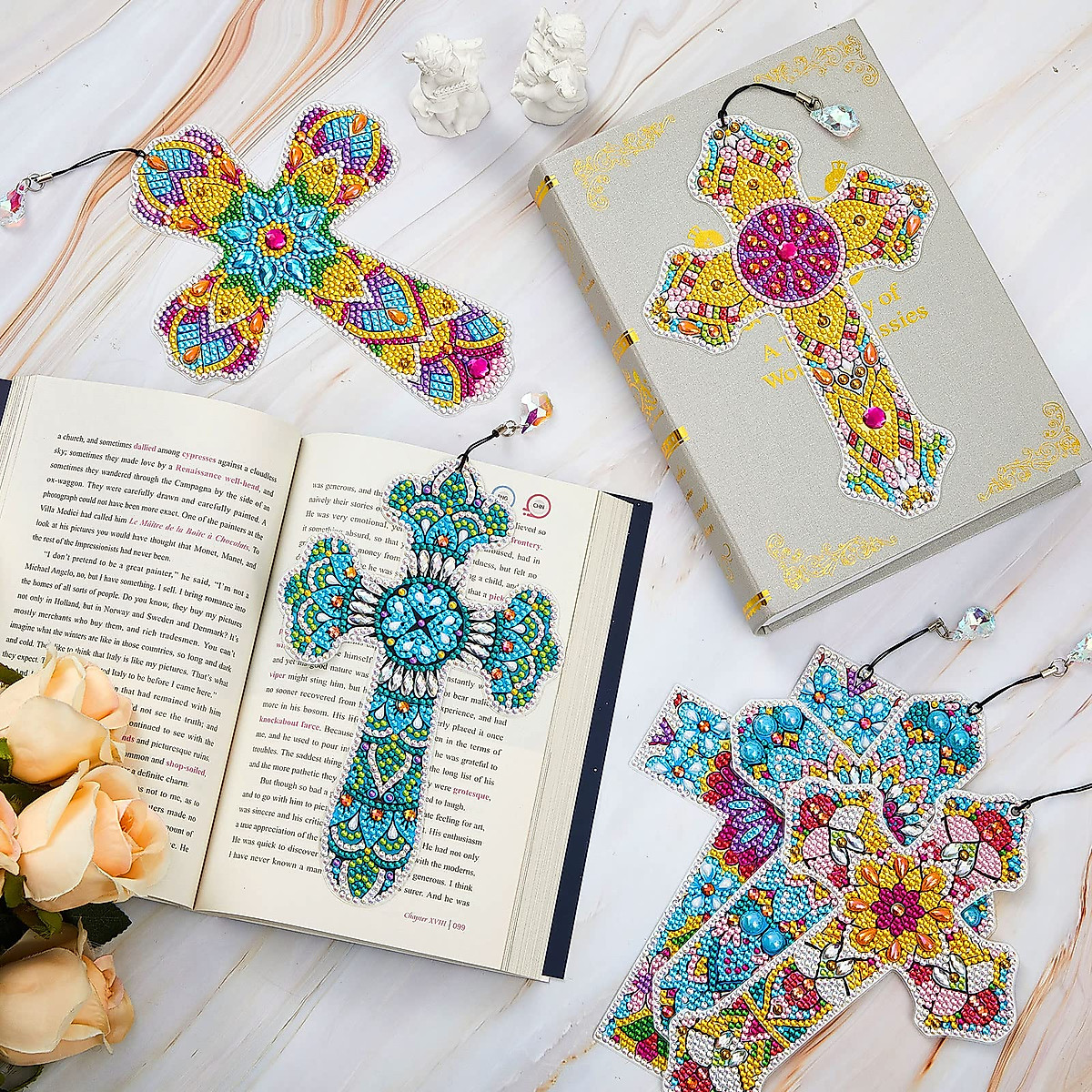 Ireer 6 Pcs Cross 5D Diamond Art Kit for Kids Adult DIY Painting Kit Religious Crystal Cross Diamond Bookmarks for Reading Lover Home Office School Project Read DIY Crafts Gifts, 6 Styles