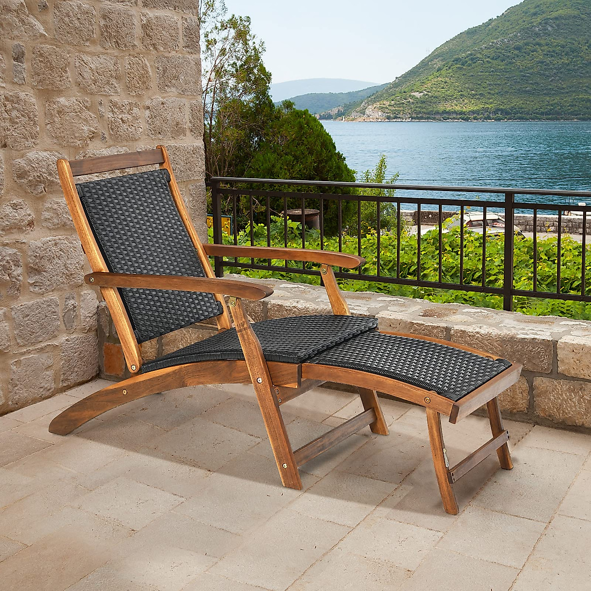 HAPPYGRILL Patio Chaise Lounge Chair with Retractable Footrest, Acacia Wood Lounge Chair, Rattan Wicker Folding Chaise Lounge, Collapsible Lounge Chair for Poolside Patio Garden Porch