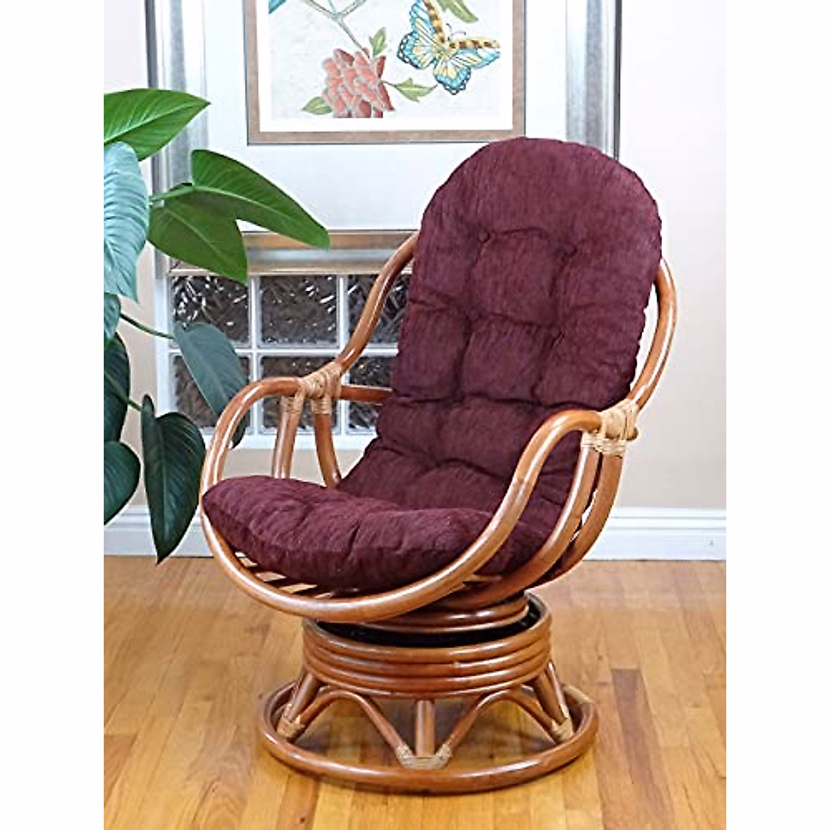 Bali Lounge Swivel Rocking Chair with Dark Brown Cushion Natural Rattan Wicker Handmade, Colonial