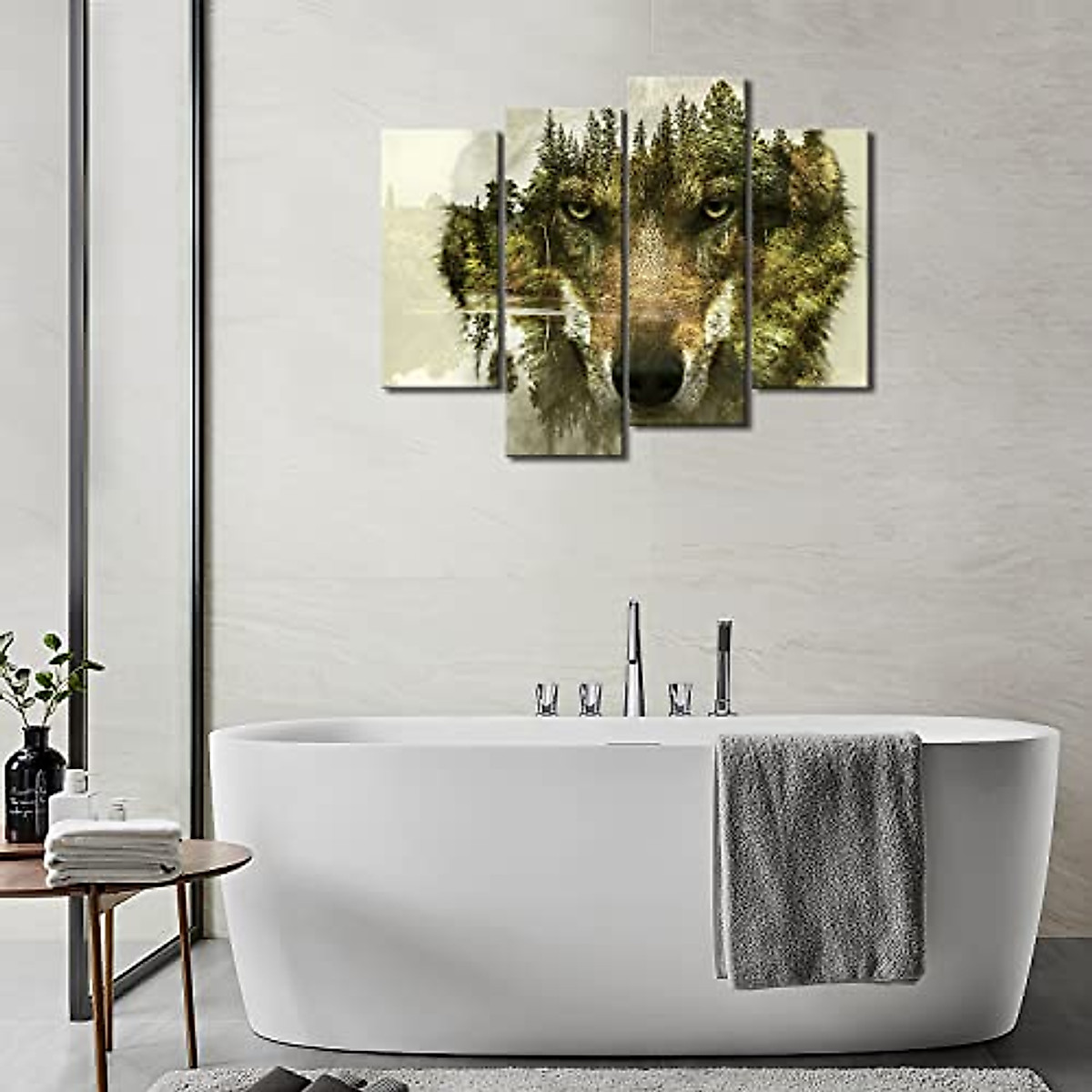 Wolf 4 Pieces Modern Canvas Painting Wall Art The Picture for Home Decoration Wolf Pine Trees Forest Water Wolf Animal Print On Canvas Giclee Artwork for Wall Decor