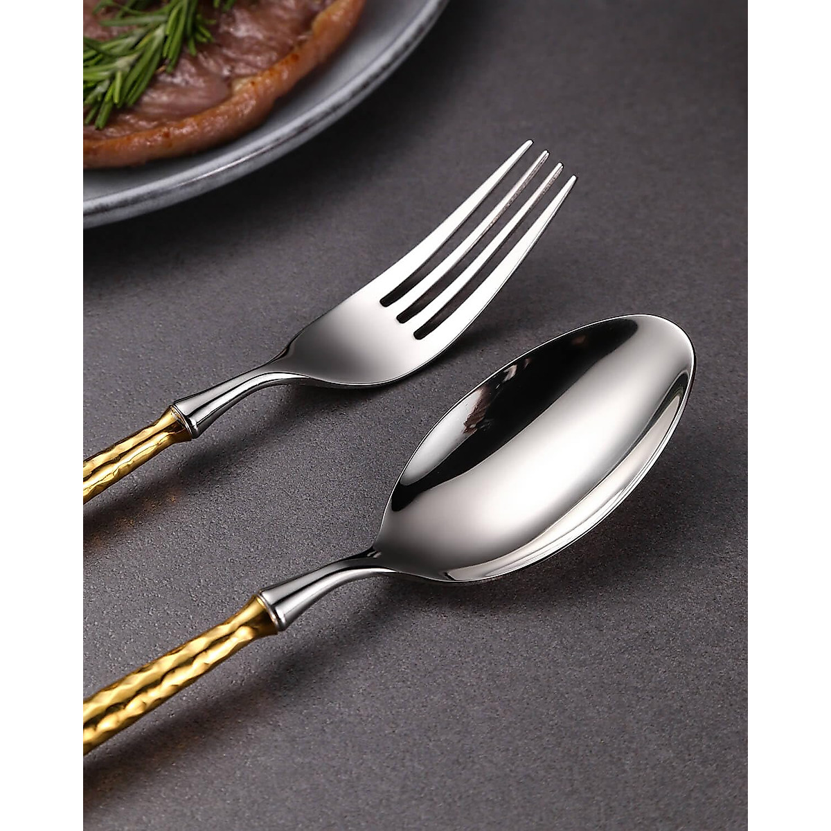 Lemeya 20-Piece Hammered Silver Gold Silverware Set,18/10 Stainless Steel Forging Heavy Duty Cutlery Set for 4, Luxury Unique Flatware Set,Spoons and Forks Set,Mirror Polished,Dishwasher Safe