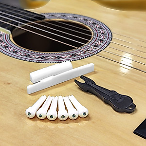 SAPHUE 6 String Acoustic Guitar White Bone Bridge Saddle and Nut & 6 Guitar Bridge Pins Made of Real Bone whith 1 Guitar Pins Puller, for Acoustic Folk Guitar