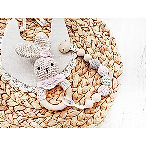 Natural Crochet Teether Toy Rattle for Baby Forest Friends Handmade Amigurumi Crochet Bunny Deer Fox on Natural Wooden Teething Ring Rattle Natural Baby Toys (Girl Bunny)