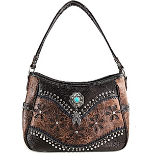 Zelris Floral Western Pu Tooled Leather Turquoise Concho Feathers Conceal Carry Women Hobo Purse Handbag (Brown)