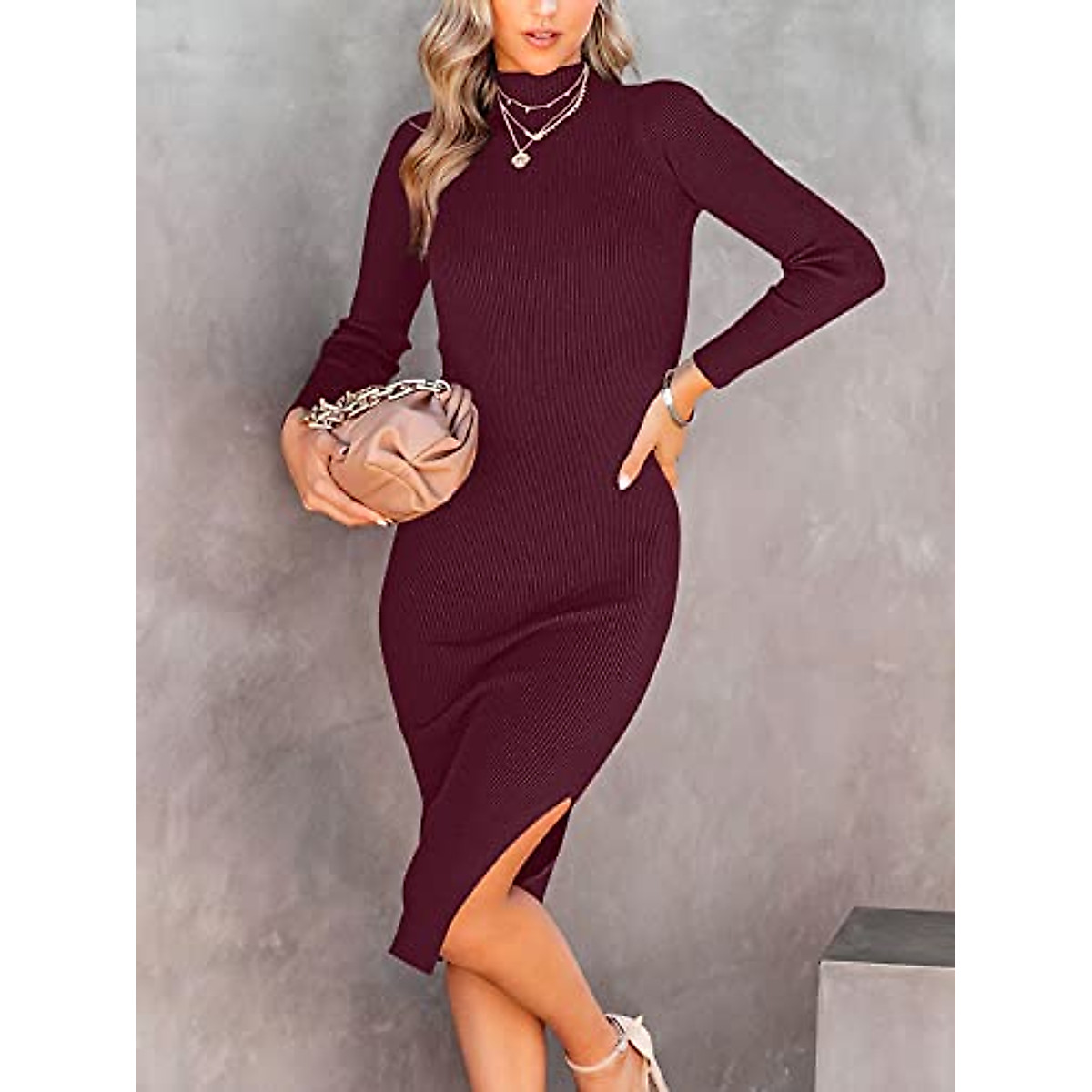 ANRABESS Women 2023 Fall Sweater Dress Turtleneck Long Sleeve Sexy Slim Fit Slit Boydcon Midi Dresses for Elegant Wedding Guest 308jiuhong-M Wine Red