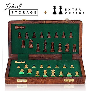 BCBESTCHESS Set, Premium Quality, Handcrafted Rosewood Unique Chess Board Set, Foldable Secure Storage for Magnetic Pieces with Extra Queens, Chess Set for Kids and Adults, Brown(12x12 Inches)