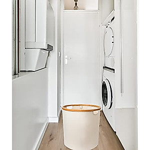 90L Capacity Laundry Hamper, Round Foldable Bamboo Laundry Basket, with Handles, Collapsible Baskets for Clothes & Storage & Bedroom - Off White