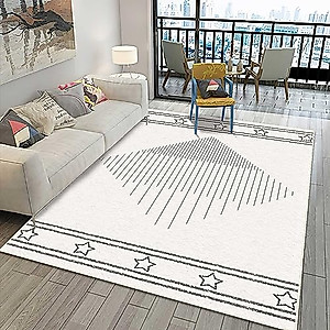 Geometric Striped Living Room Farmhouse Rug - 4'x6' Modern Diamond Stripes and Star Washable Carpet - Minimalistic Non Shedding Easy-Cleaning Floor Carpet for Bedroom