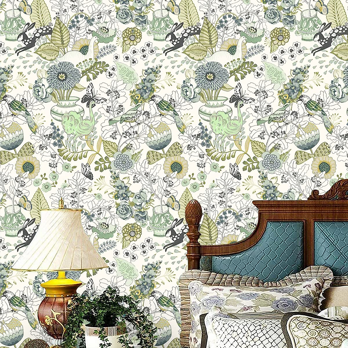 Wudnaye Floral Wallpaper Peel and Stick Wallpaper Floral Kitchen Wallpaper 17.7inch × 118.1inch Green Wallpaper Stick and Peel Wallpaper Plants Flower Wallpaper Decorative Contact Paper for Shelves