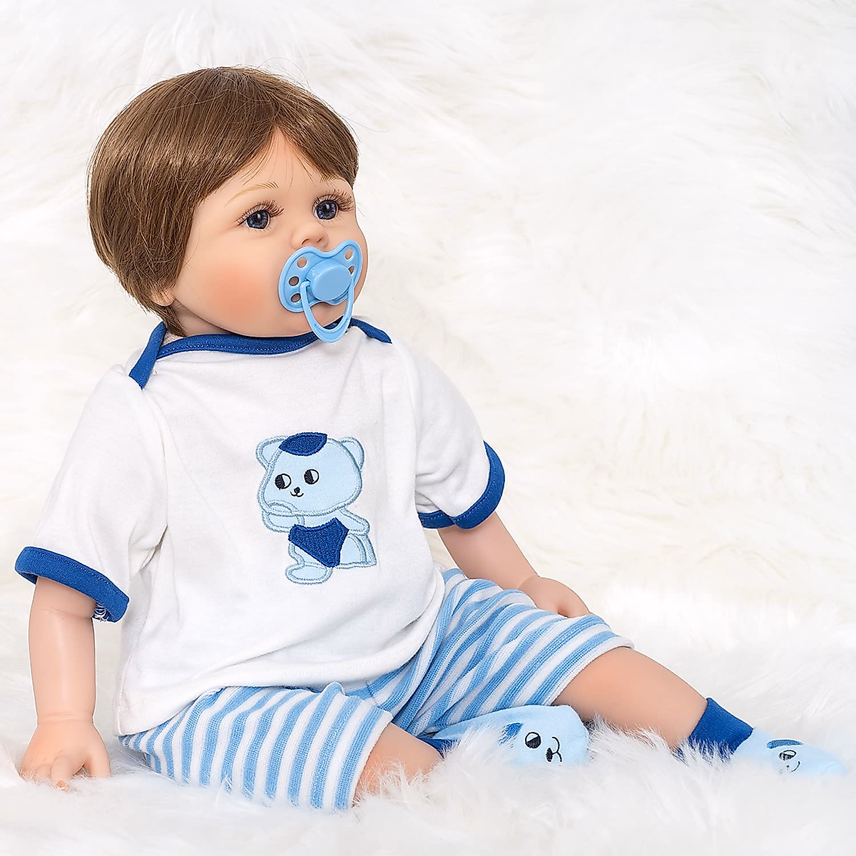 ENADOLL Reborn Baby Doll Realistic Silicone Vinyl Newborn Baby Boy 24 inch Weighted Cotton Body Lifelike Doll Gift Set for Ages 3+(Blue Bear)