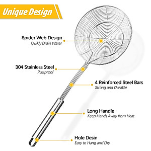 Pack of 2 Large Spider Strainer, Stainless Steel Skimmer Basket,Kitchen Ladle Strainers,Mesh Spoons with Long Handle, Cooking Tools for Frying, Boiling Noodles, Dumplings, Pasta