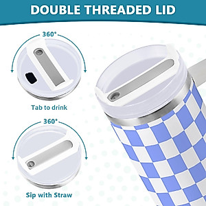 Blue White Checkered 40 oz Tumbler with Handle and Straw Lid, Insulated Coffee Cup Reusable Stainless Steel Water Bottle Travel Mug Cupholder Friendly,Gifts for Women Men