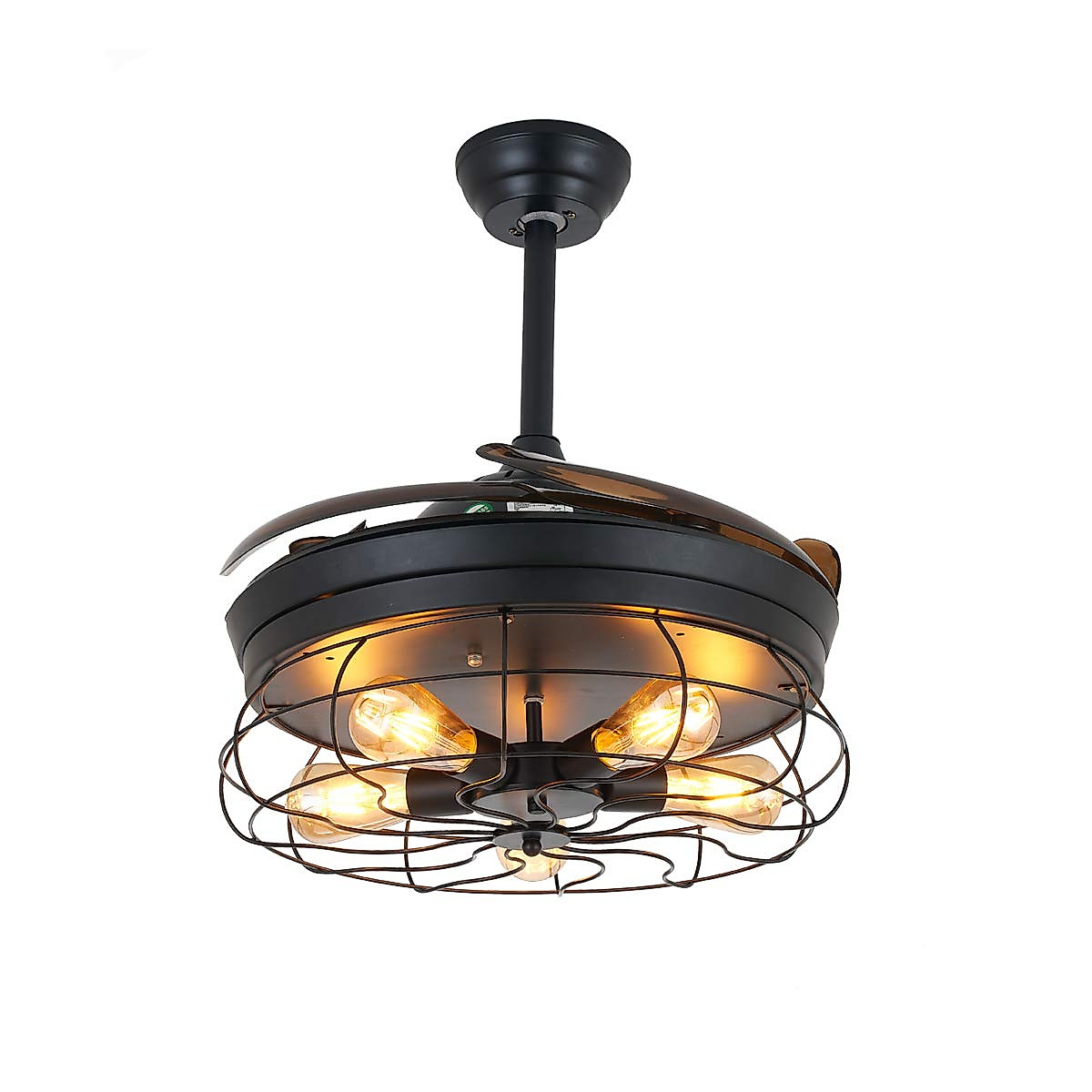 OUKANING Ceiling Fan with Light Industrial Ceiling Fan Retractable Blades Vintage Cage Chandelier Fan with Remote Control-5 Edison Bulbs Needed Not Included (36 Inch)