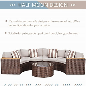 Betterland 5 Piece Curved Outdoor Sectional Sofa Half-Moon Patio Furniture Set, All-Weather PE Rattan Wicker Patio Conversation Set with Washable Cushion and Glass Table(Brown)