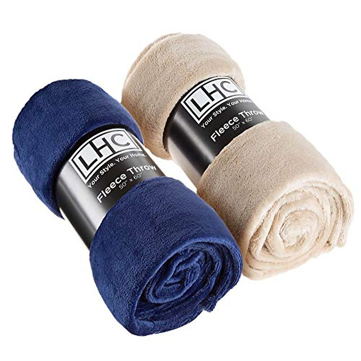 Lavish Home Fleece Throw Blanket-Set of 2-Navy Blue & Sand Plush 60”x50” Blankets- Soft & Cozy for Travel, Outdoor Events & Lounging on The Sofa or a Chair by LHC