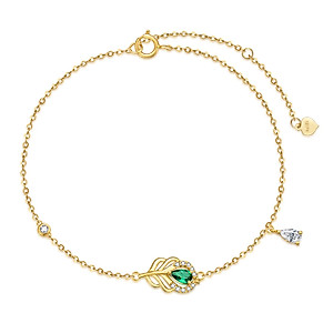 SISGEM Real 14k Gold Peacock Feather Bracelet for Women, 14 Karat Gold Animal Lover Wrist Jewelry Gifts for Her, 6.8"+0.8"+0.8"