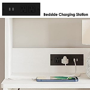 LIKIMIO Night Stand 55" Tall, End Side Table with with Charging Station and Storage Cabinet, Small Bookshelf, for Living Room Office Bedroom, Industrial White