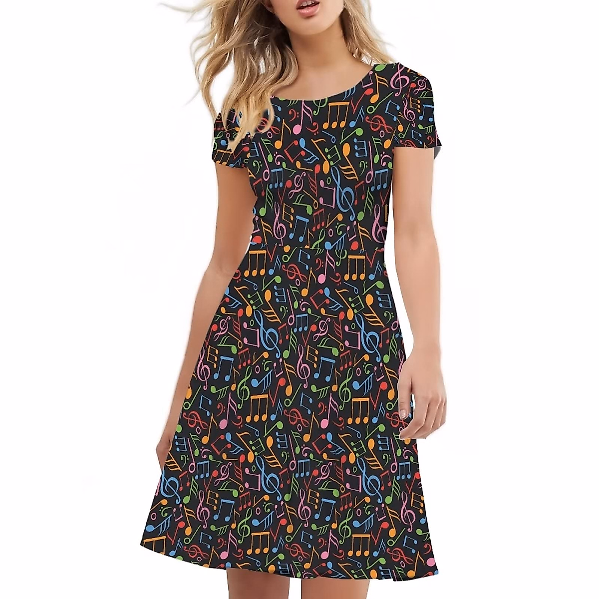 POLERO Women Lady Animal Colorful Music Notes Print Short Sleeve Summer Dress Round Neck Chic Flowy Midi Dresses Size L