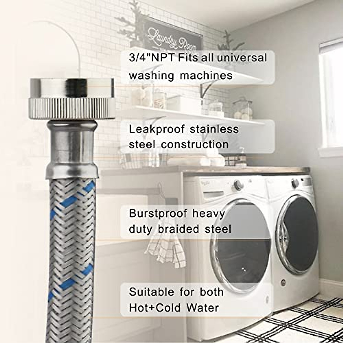 Premium Stainless Steel Washing Machine Hoses - 4 Ft Burst Proof (2 Pack) Red and Blue Striped Water Connection Inlet Supply Lines for Washer, Washer Hoses from Wellup