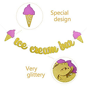 Gold Glittery Ice Cream Bar & Ice Cream Sign Banner and Pink, Blue, Gold Heart Paper Garland Birthday Party Ice Cream Theme Party Summer Theme Party Baby Shower Wedding Decorations Cute Photo Prop