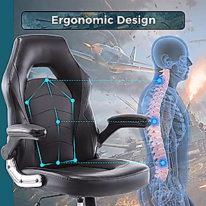 Office Chair, Gaming Chair Ergonomic Desk Chair Computer Chair PU Leather Executive Swivel Chair with Flip-up Armrests and Lumbar Support for Working, Studying, Gaming, Black
