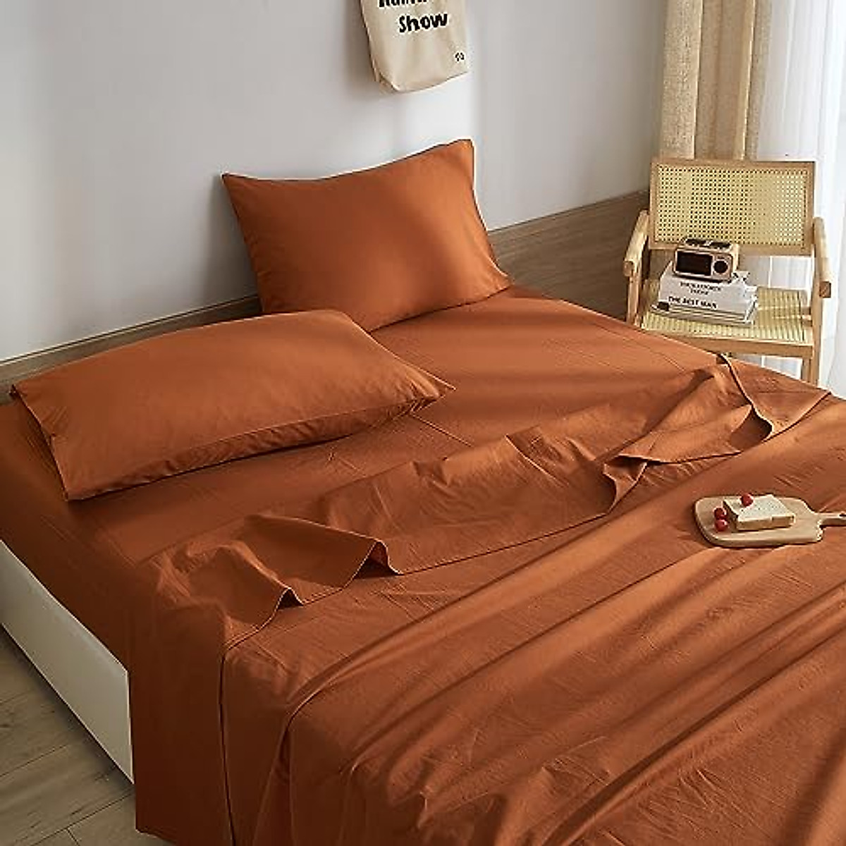 LifeTB Pumpkin Caramel Sheets Set Twin Size Bedding Sheets 100% Washed Microfiber Bed Sheets Deep Pocket 3 Pieces Sheets Breathable Cooling Bed Sheets - Easy Fit Rust Color Bedding Sheets