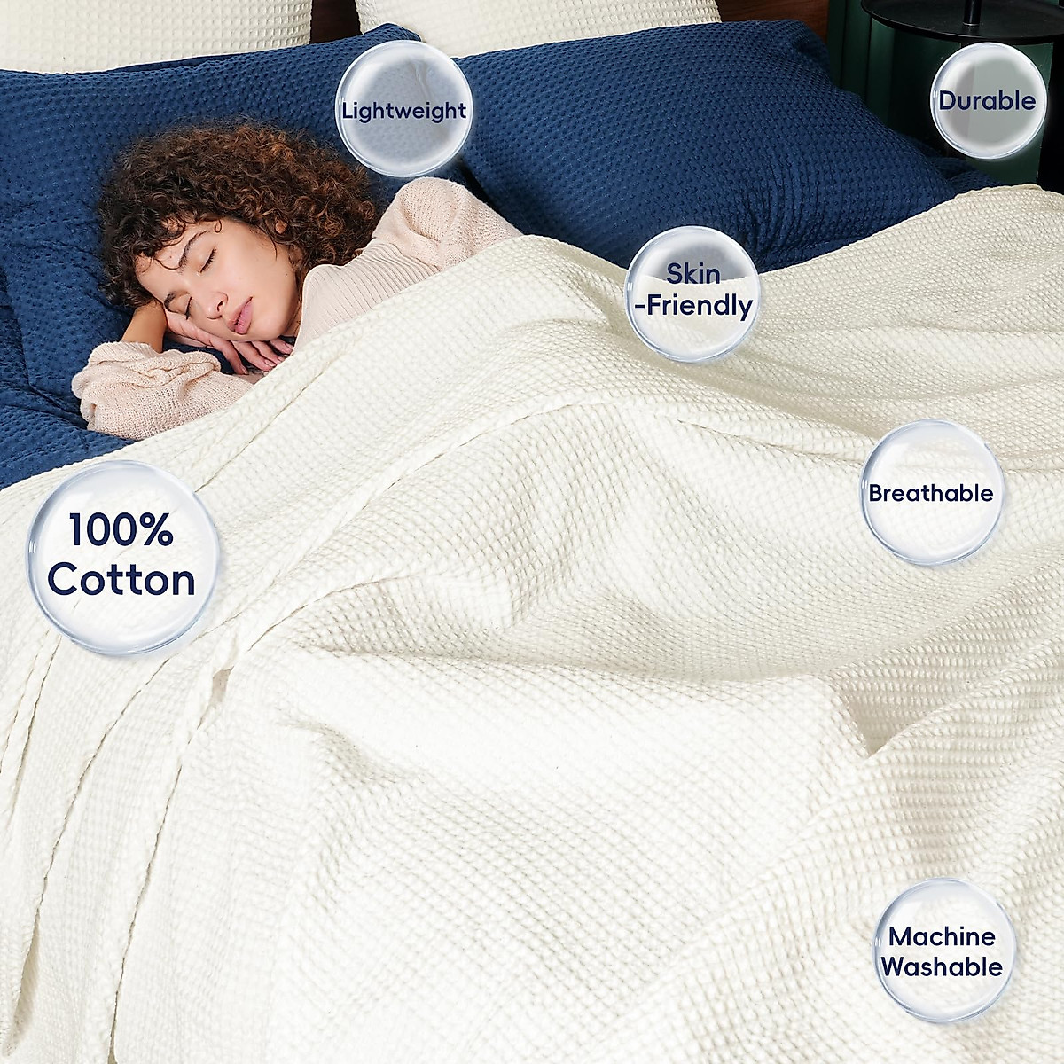 PHF 100% Cotton Waffle Weave Blanket King Size 104" x 90"-Lightweight Washed Soft Breathable Blanket Perfect for Summer -Great Blanket Layer for Couch Bed Sofa-Elegant Home Decoration - Cream