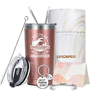 Lifecapido Gifts for Mom - Don't Mess with Mama Saurus 20oz Tumbler, Mamasaurus Insulated Tumbler with Lids - Mom Gifts from Daughter Son for Birthday Christmas Mother's Day, Rose Gold