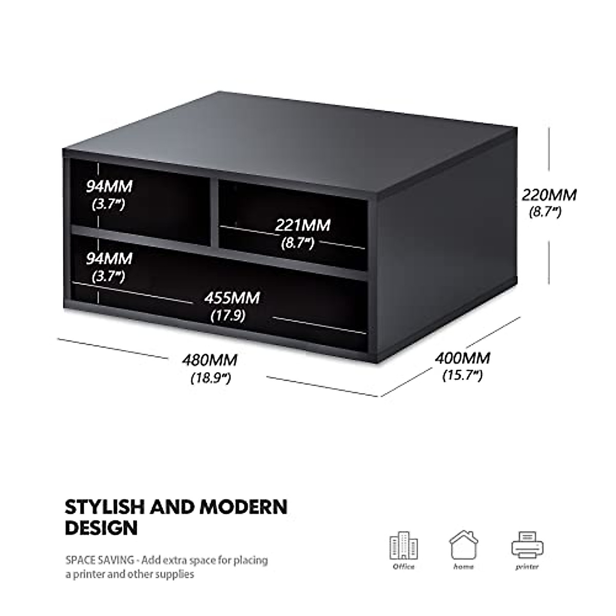 FITUEYES Large Printer Stands with 3 Storage Compartments, Desktop Paper Organizer Shelf for Home Office, 2-Tier Printer Riser, Black, 18.9" L x 15.7" W x 8.7" H