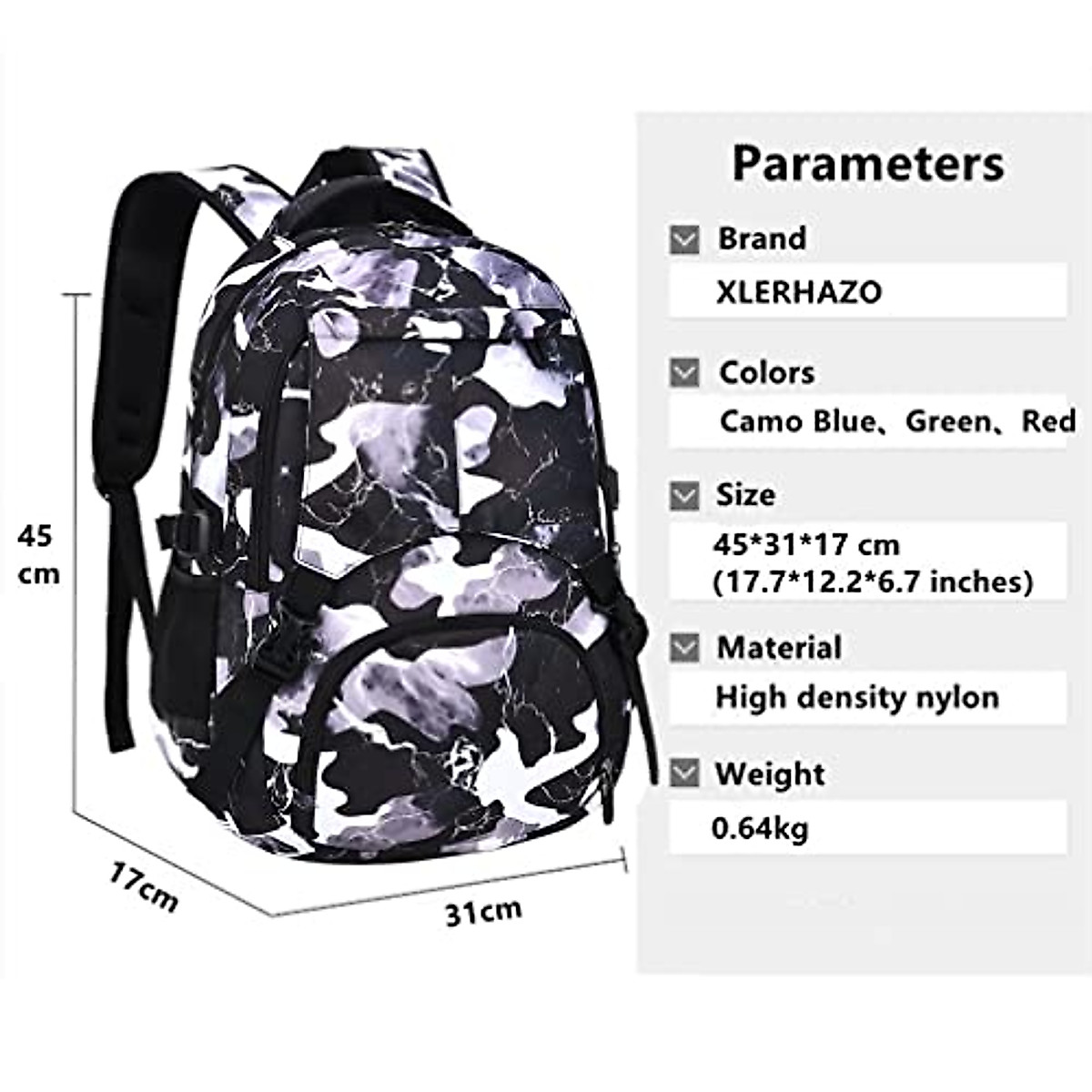 XLERHAZO School Backpack Camouflage Backpack Water Repellent Casual Daypack Lightweight Bookbags for Boys Girls (AX Camo Black)