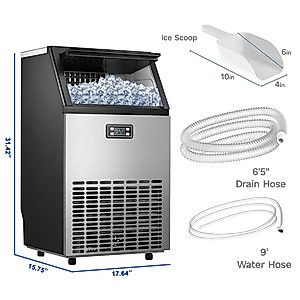 Undercounter Commercial Ice Maker Machine, 100 LBS/24H with 33LBS Large-Capacity, Freestanding|Countertop Ice Machine with Scoops for Commercial Use Bar, Coffee Shop, Restaurant, Office, Garage, Home