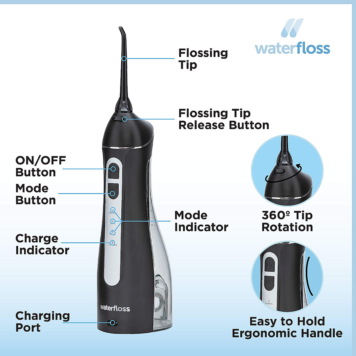 Waterfloss Water Flosser Small Cordless Water Pick Teeth Cleaner Dental Oral Irrigator with 4 Modes and USB Rechargeable Lithium Battery, Black