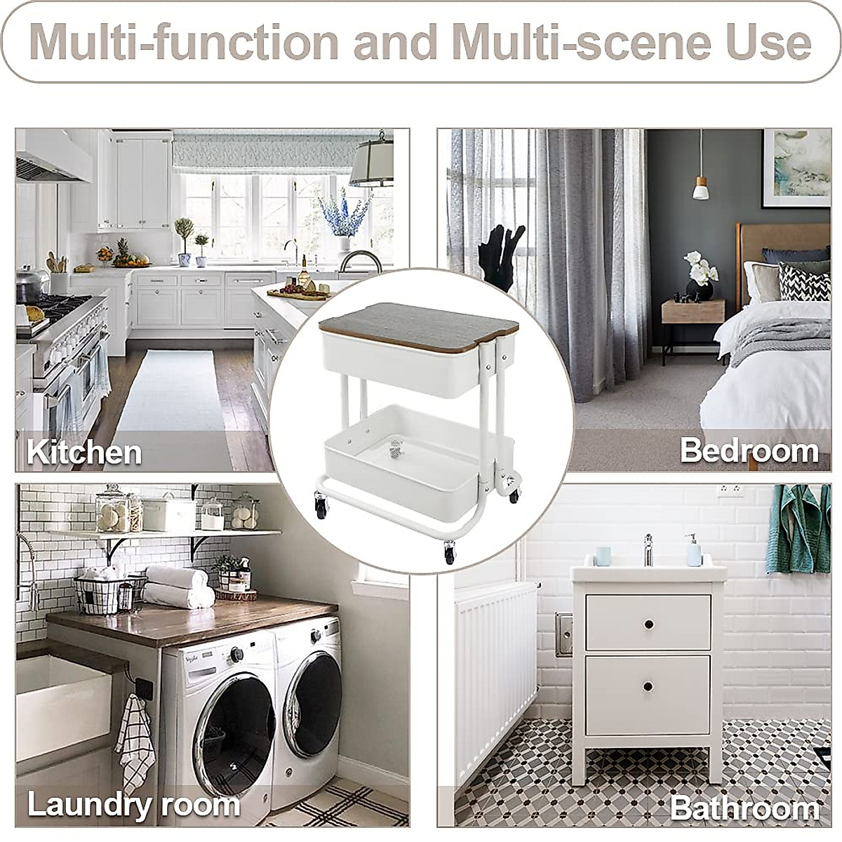 2 Tier Metal Utility Rolling Cart Storage Organizer with Cover Board, Mobile Trolley Sofa Side Table with Wheels for Office Home Kitchen Organization, White