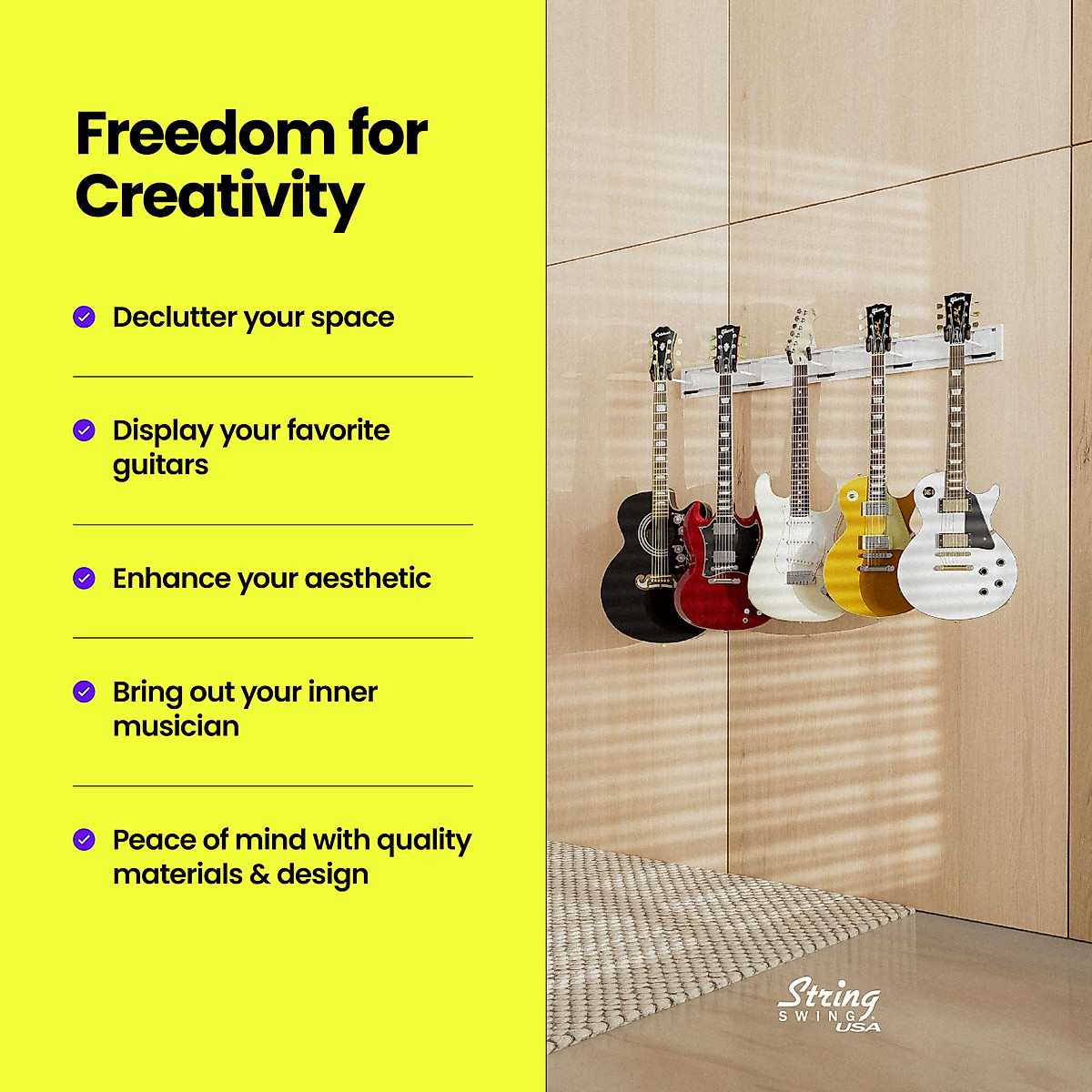 String Swing Guitar Wall Rack, Multiple Guitar Wall Mount, Guitar Organizer for Acoustic & Electric Guitars, 5 Padded Arm Hangers & White Slatwall Rail, Wall Mount Guitar Rack - MADE IN USA