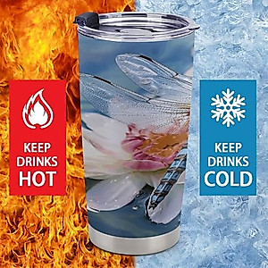 FHENMSA Reusable Plastic Water Cups with Lids,Dragonfly Lotus Print Anti-overflow Cup,sports Travel Coffee Cup