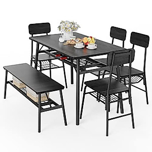 Gizoon 46'' Rectangular Dining Table Set for 6, 6-Piece Modern Dining Set for Home, Apt, 4 Chairs, Bench, Kitchen Dining Room Set w/Storage Rack for Family, Small Space, Saving Space-Black