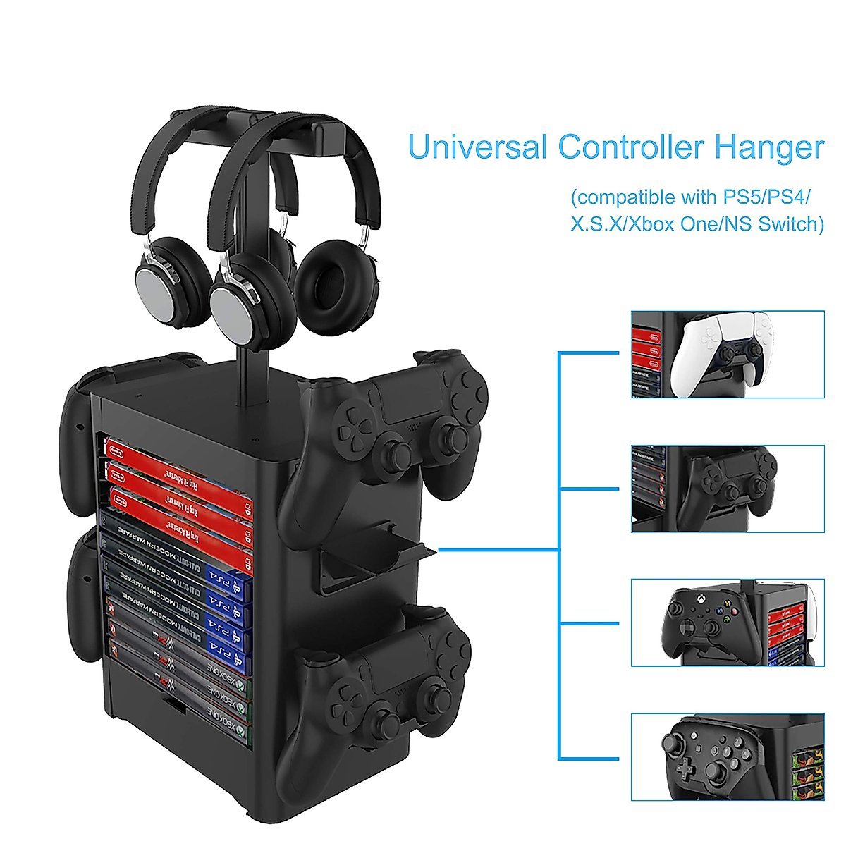 JOYTORN Games Storage Tower(Up to 10 Games) for PS5,Game Disk Rack and Controller/Headset Stand Holder Compatible with Xbox Series X/Nintendo Switch/PS4