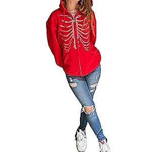 Creaion Rhinestone Graphic Zip Up Hoodies for Women Y2k Oversized Skeleton Print Sweatshirt Jacket E-Girl 90s Pullover Streetwear