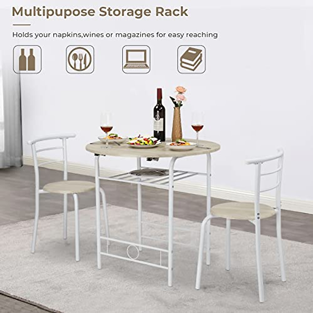VINGLI 31.5" Drop Leaf Dining Table for Small Space,Small Kitchen Table Set for 2,Round Folding Table with 2 Chairs for Home,Kitchen,Apartment,White&Oak