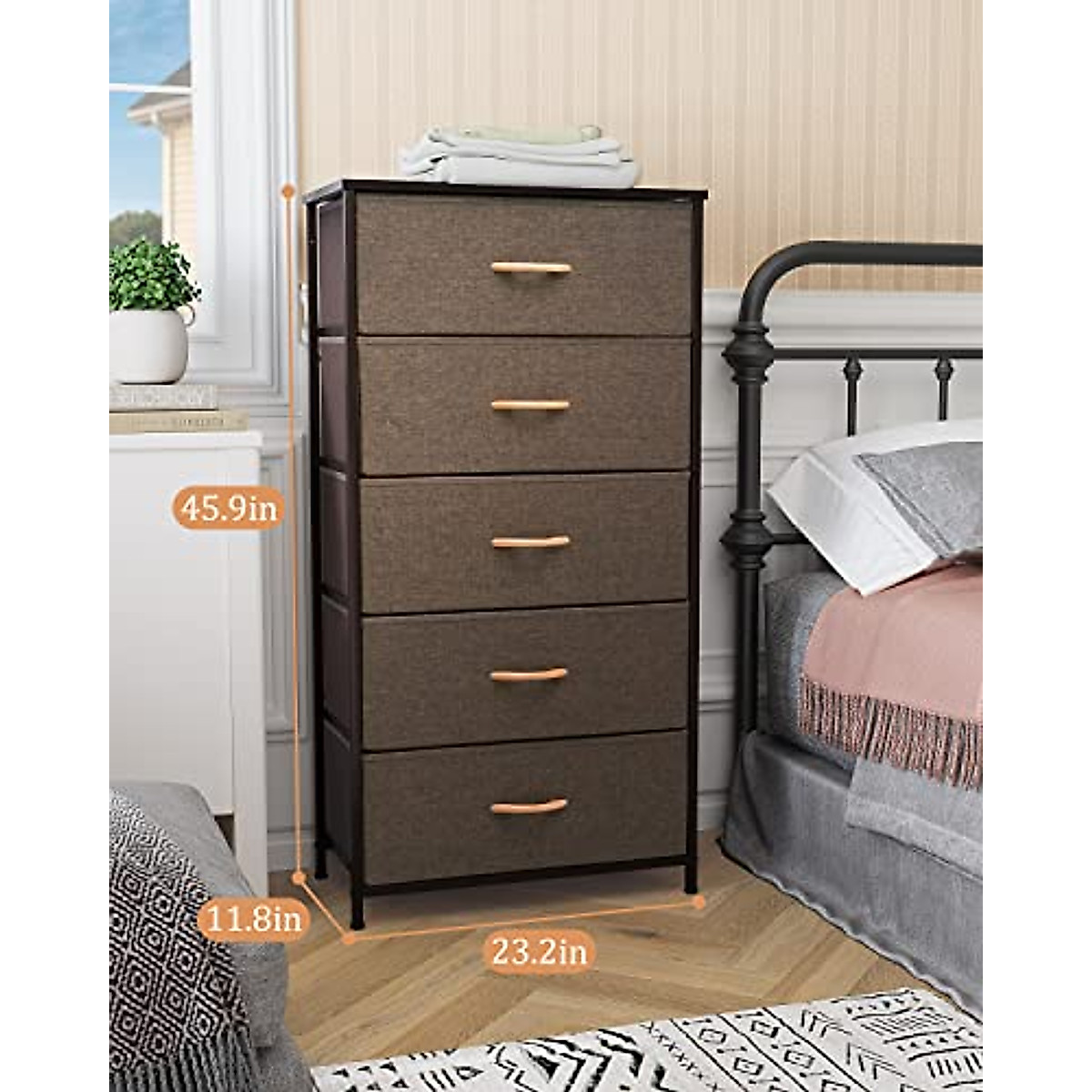 JOINHOM Dresser Storage Tower with 5 Drawers, Fabric Tall Dresser Drawer for Bedroom, Office, Entryway, Living Room and Closet - Sturdy Steel Frame, Easy Pull Bins & Wooden Top