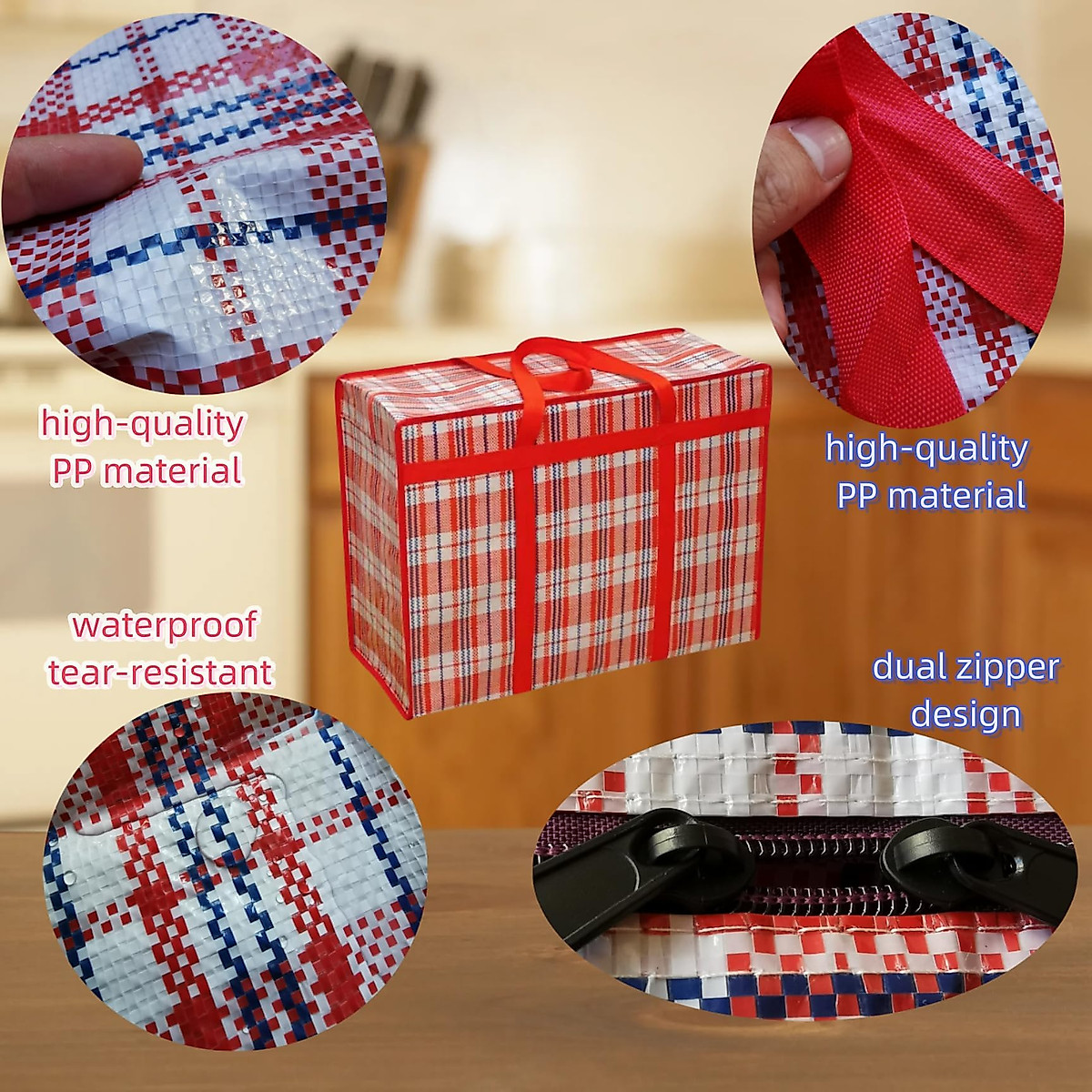 3 pack Woven Moving Storage Bags - Waterproof, Tear-Resistant, Foldable with Dual Zipper - Sizes: 132L, 103L, 58L - For Moving, Office, Bedroom, College Dorm, and Outdoor Use