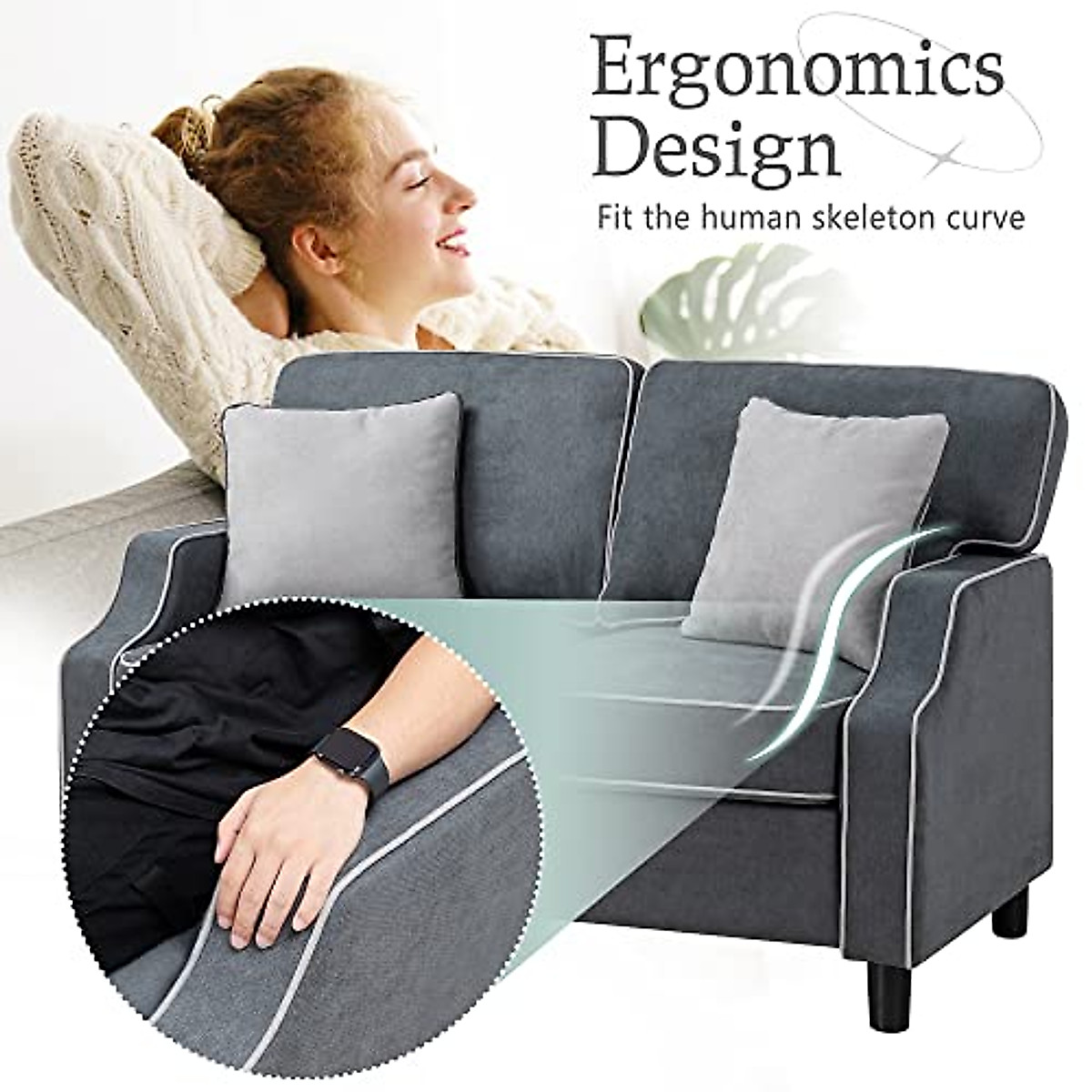 Meilocar 56" Loveseat Couch, Modern Upholstered Love Seats with Armrest and Two Pillows, Small Double Sofa for Bedroom, Apartment, Office and Small Spaces (Blue Gray)