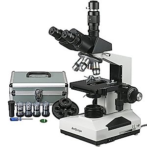 AmScope T490A-PCT Compound Trinocular Microscope with Phase-Contrast Turret, WF10x and WF16x Eyepieces, 40X-1600X Magnification, Brightfield/Darkfield, Halogen Illumination, Abbe Condenser, Double-Layer Mechanical Stage, Sliding Head, High-Resolution Opti