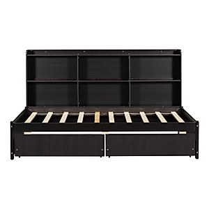 HoRunzelin Twin Size Platform Bed with Bookcase and 2 Storage Drawers, Pine Wood Daybed Captains Bed with Bookshelf for Kids Boys Girls, Espresso